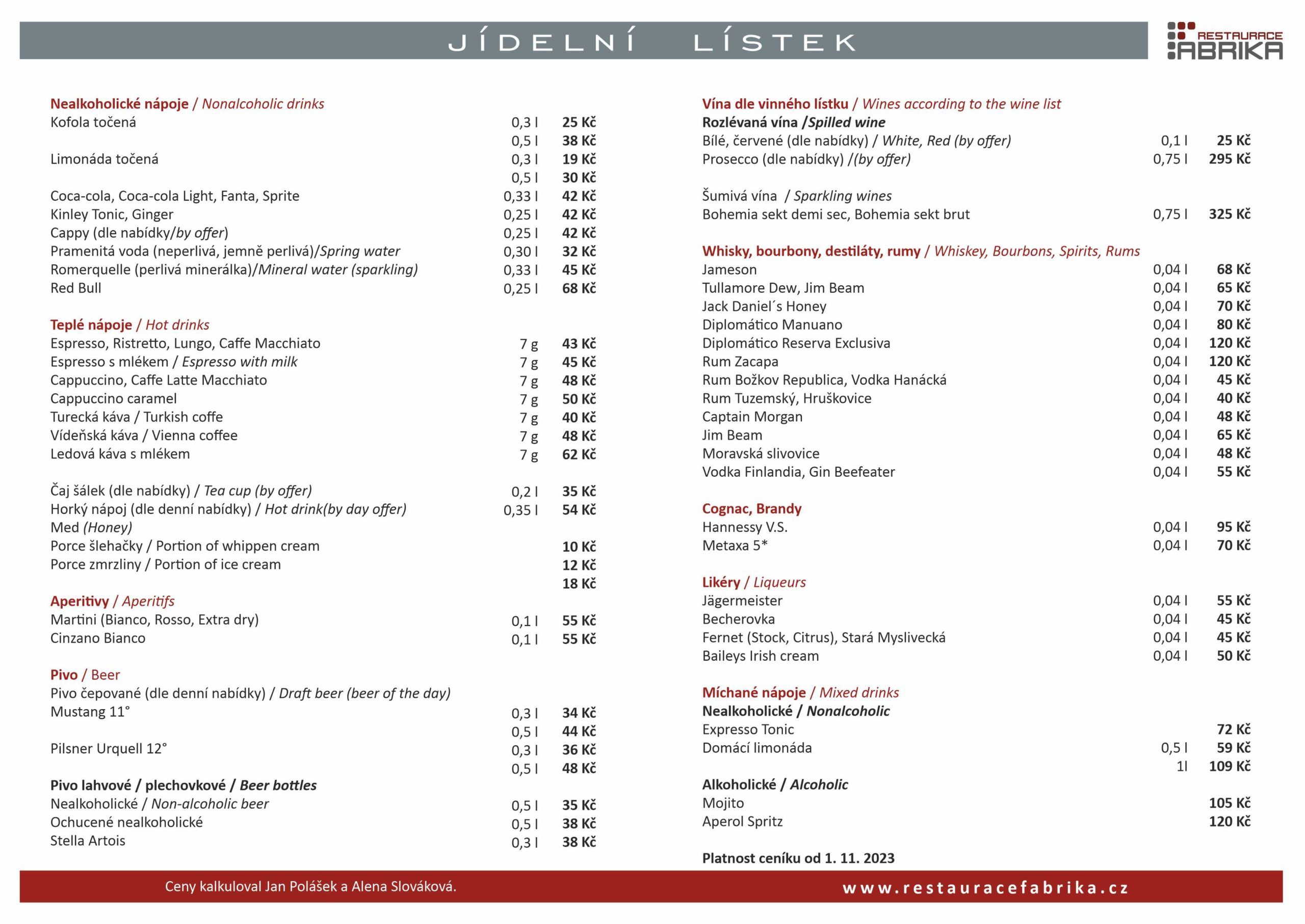 Nápojový lístek - Hotel Fabrika